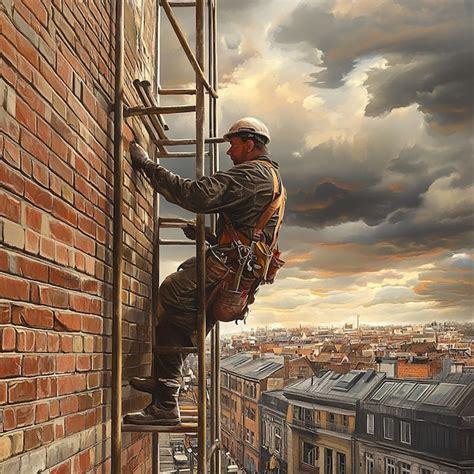 Bricklayer On Scaffolding Working At Height Premium Ai Generated Image