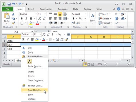 MS Excel 2010 Change Height Of A Row