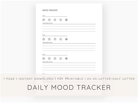 Daily Mood Tracker Printable Mental Health Worksheet Emotion Tracker Wellbeing Reflection
