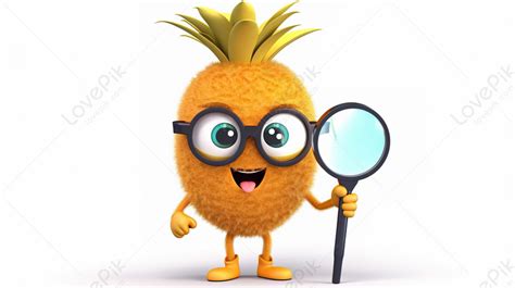 돋보기가 있는 힙스터 파인애플 캐릭터 마스코트 깨끗한 흰색 배경에서 3d 렌더링 파인애플 배경 청소 캐릭터 배경 캐릭터 배경 이미지 Hd 파인애플 청소 캐릭터