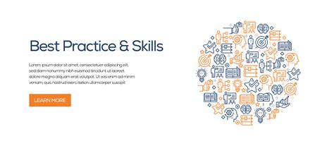 라인 아이콘이 있는 최고의 연습과 기술 배너 템플릿입니다 광고 헤더 웹 사이트에 대 한 현대 벡터 일러스트 패턴에 대한 스톡