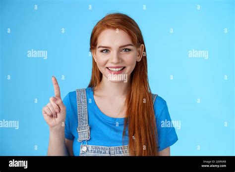 Close Up Cute Tender Redhead European Female Make Order Show Number One First Smiling Friendly