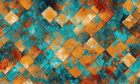 Abstract Pattern Overlapping Diamond Shapes In Shades Orange Blue And Green With Textured
