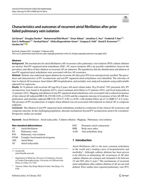 Pdf Characteristics And Outcomes Of Recurrent Atrial Fibrillation After Prior Failed Pulmonary