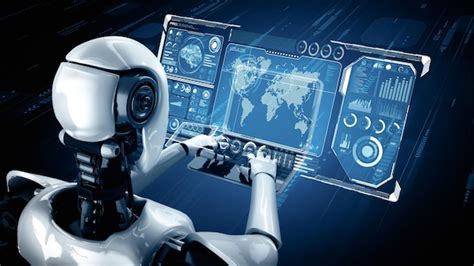 Premium Photo Xai Robot Hominoid Use Laptop And Sit At Table For Big Data Analytic