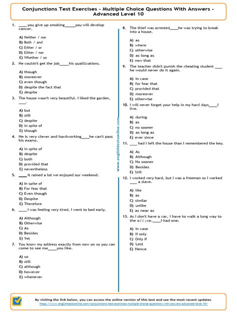 Multiple Choice Test About Conjunctions Download Free Pdf Multiple