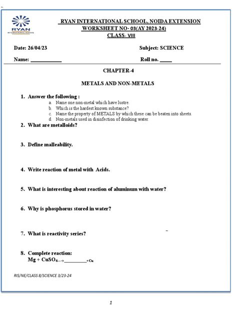 Science Worksheet For Class 6 Pdf Materials Sets Of Chemical Elements