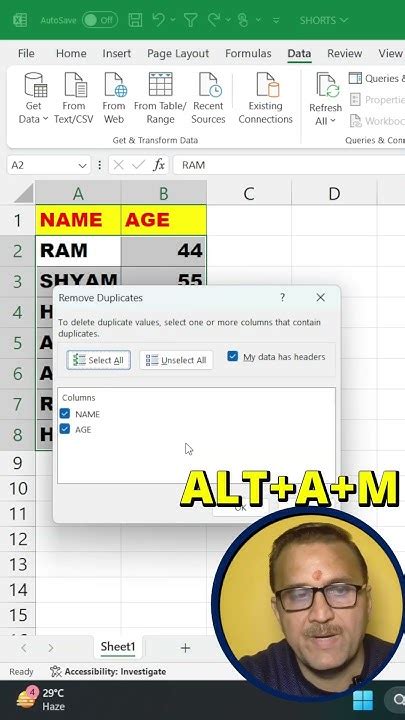 Remove Duplicates In Excel Using Alt A M Shortcut Excel Tips And Tricks Youtube