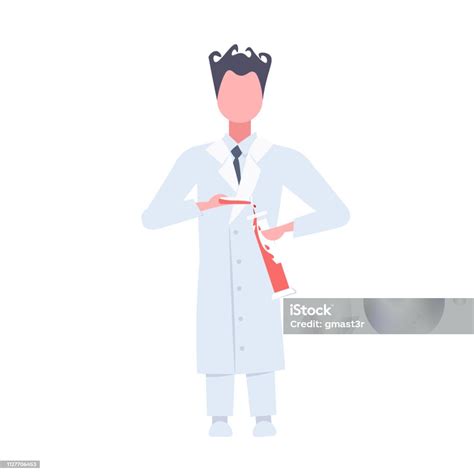 빨간 액체 의료 노동자 개념 만화 캐릭터 전체 길이 플랫 테스트 실험실 의사에서 작동 혈액 남자 도우미와 테스트 튜브를 들고 남성 과학자 절연 개념에 대한 스톡 벡터 아트