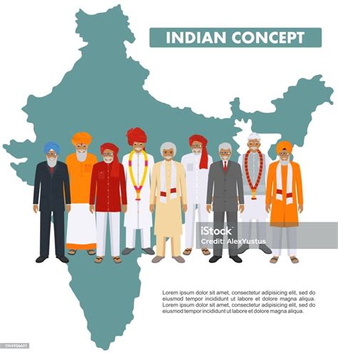 가족 및 사회 개념입니다 그룹 인도 성인과 고위 사람들은 평면 스타일 인도 지도와 배경에 다른 전통 국가 옷에 함께 서 벡터 일러스트입니다 사람들에 대한 스톡 벡터 아트 및
