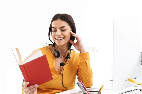 Portrait Of Pretty Hotline Assistant Woman Wearing Microphone Headset