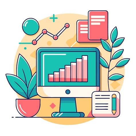 A Computer Monitor Displays A Bar Graph Showing Growth With A Plant In A Pot A Notepad And A
