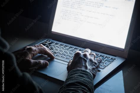 Working At Laptop Pc At Night Close Up Image Of Male Hands Typing Text