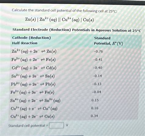 Solved Calculate The Standard Cell Potential Of The
