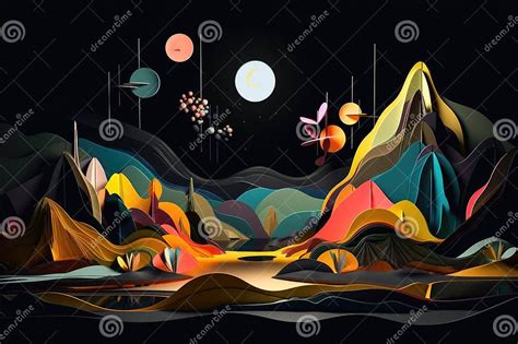 Abstract and Surreal Landscape, with Floating Shapes and Colors, Against Black Background Stock ...