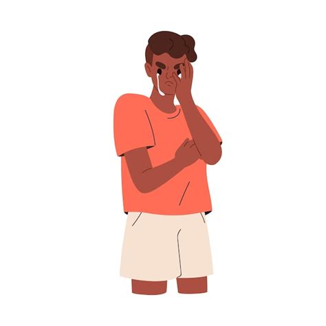 슬픔에 우는 소년 아이 절망에 빠진 기분이 상한 아이를 울고 있습니다 손으로 눈물을 닦으며 필사적으로 공격적인 십대를 화나게 합니다 평면 그래픽 벡터 일러스트 레이 션