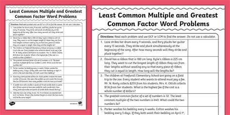 Sixth Grade Least Common Multiple And Greatest Common Factor Word Problems
