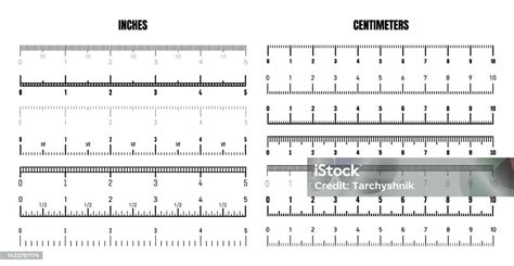길이 또는 높이를 측정하기위한 사실적인 검은 센티미터와 인치 스케일 분할이 있는 다양한 측정 스케일 눈금자 테이프 측정 표시 크기 표시기 벡터 일러스트 레이 션 0명에 대한