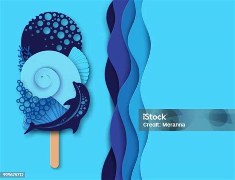 종이 아이스크림 돌고래 바다 물결 산호와 바다 포탄의 만든 여름 비치 휴가의 개념입니다 종이 잘라 현대적인 디자인 여름에 대한 스톡 벡터 아트 및 기타 이미지 Istock