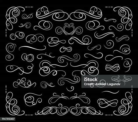 블랙 배경 오래 된 영화에 고립 된 흰색 붓글씨 디자인 요소의 벡터 집합입니다 0명에 대한 스톡 벡터 아트 및 기타 이미지 0명 곡선 금선세공 Istock