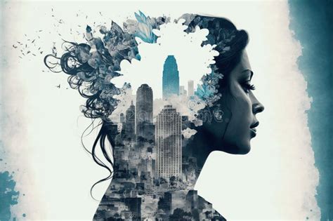 Modern Abstract Digital Artwork In Double Exposure Of City And Woman Stock Illustration