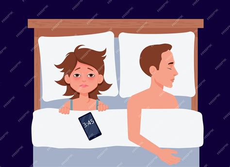 함께 침대에 누워 있는 커플 그 소녀는 불면증에 시달린다 불면증 벡터 일러스트 레이 션 수면 장애 플랫 만화 스타일 그림 프리미엄 벡터