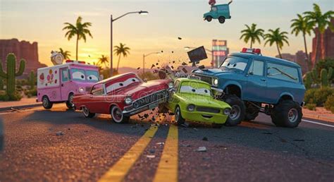 cartoon cars collision on desert road at sunset animated scene stock
