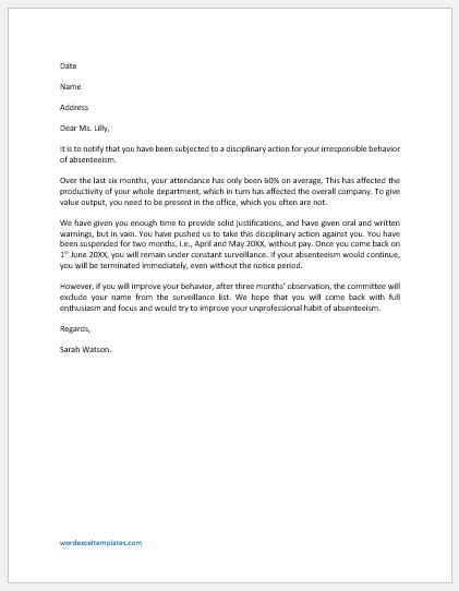 Disciplinary Action Letters For Absenteeism Downloadsave