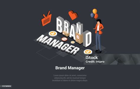 브랜드 매니저 트렌드 관찰 소셜 미디어 네트워크 마케팅 소녀는 새로운 개인 브랜드 큰 브랜드 비문 근처에 풍선을 가진 여자를 발표합니다 아이소메트릭 3d 만화 벡터