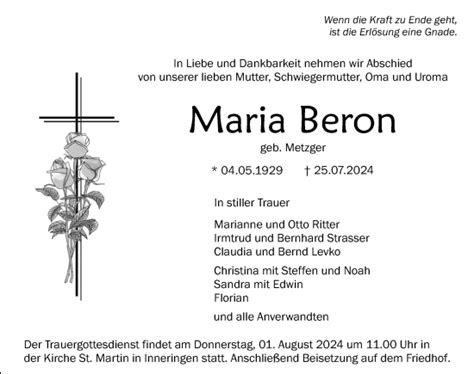 Traueranzeigen Von Maria Beron Schwaebische De Trauerportal