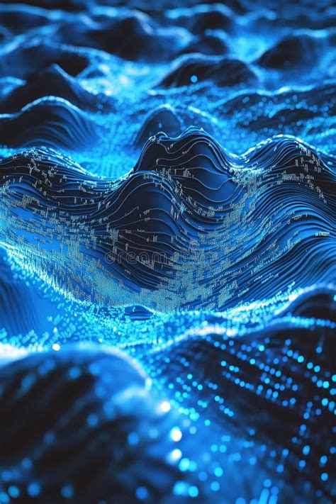 Pulsating Blue Digital Signal Waves Floating In Dark Space Fractal Patterns Merging With Binary