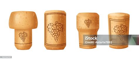 와인 코르크 마개 나무 질감 만화 스타일을 설정합니다 포도 다발이 있는 코르크우드 플러그 흰색 배경에 벡터 그림 갈색에 대한