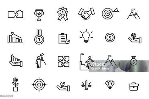 관리 아이콘 얇은 선 창의성 시작 업적 업적 돈 사명 목표 성장 아이콘 Collectionset 벡터 일러스트레이션 개념에 대한