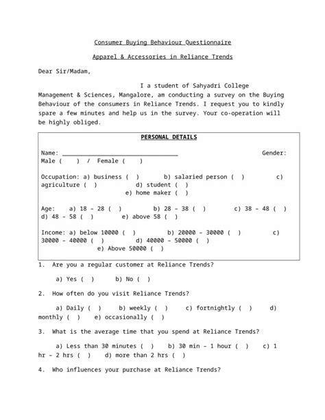 Questionnaire Format For Consumer Behaviour