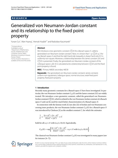 Pdf Generalized Von Neumann Jordan Constant And Its Relationship To The Fixed Point Property