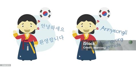 안녕하세요와 한국어에서와 라틴어 알파벳으로 음역의 말하는 만화 캐릭터의 벡터 일러스트 레이 션 격언에 대한 스톡 벡터 아트 및