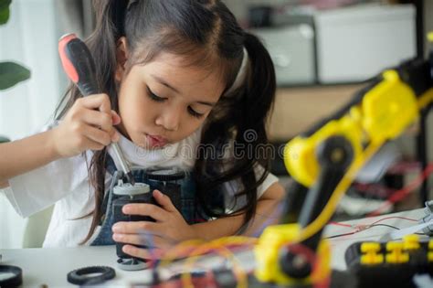 Stem Education Concept Asian Young Girl Learning Robot Design Stock