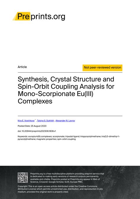 Pdf Synthesis Crystal Structure And Spin Orbit Coupling Analysis For Mono Scorpionate Eu Iii