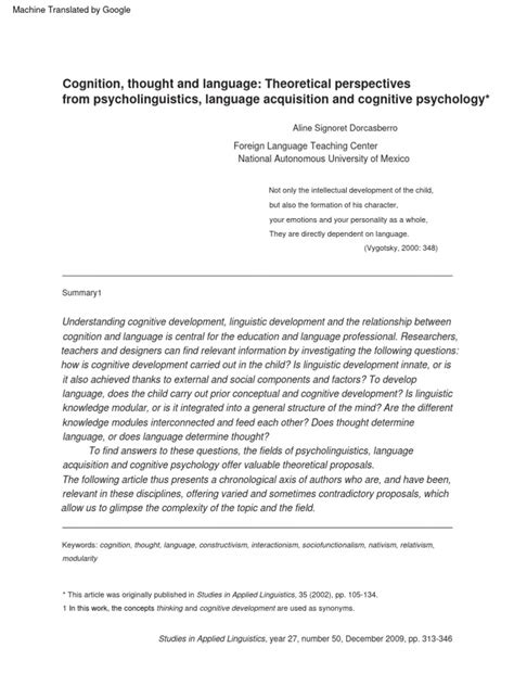 Cognition Thought And Language Theoretical Perspectives From Psycholinguistics Language