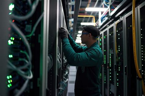 Adult Male Technician Inspects Server Racks In Data Center Server Room Equipment Computer