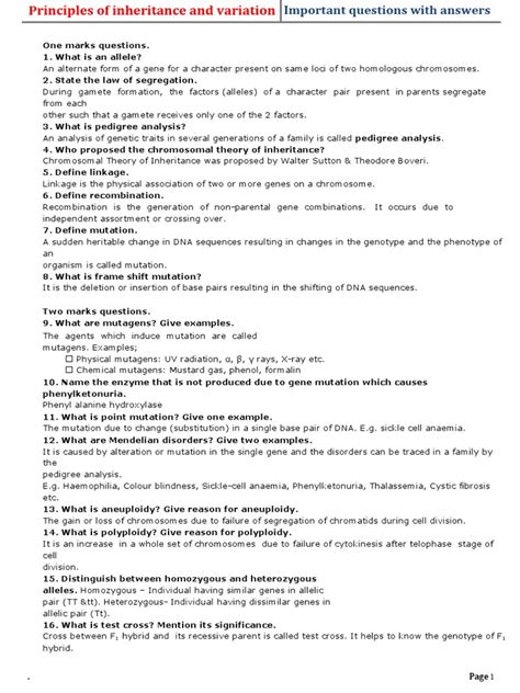 Principles Of Inheritance And Variations Questions With Answers Pdf Dominance Genetics