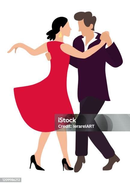 탱고 부부는 열정적 인 춤을 춤 빨간 드레스를 입은 여성과 검은 양복을 입은 남자 일련의 춤에서 일러스트레이션 댄스 학교 코스