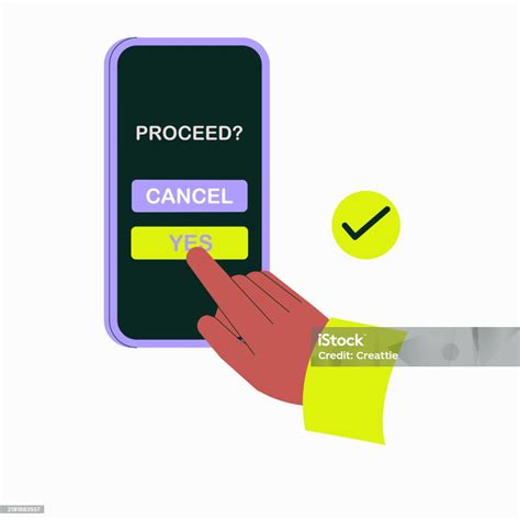 확인 의사 결정 및 온라인 작업을 상징하는 평면 벡터 그림의 진행 옵션이 있는 모바일 화면에서 예를 손으로 선택하고 흰색 배경에 격리되어 있습니다 개념에 대한 스톡 벡터