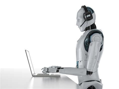 Premium Photo | Chat bot concept with 3d rendering humanoid robot with headset work on computer ...