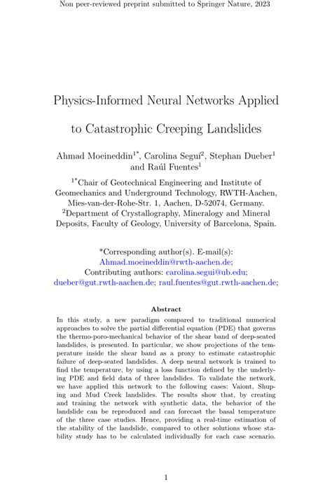 Pdf Physics Informed Neural Networks Applied To Catastrophic Creeping Landslides