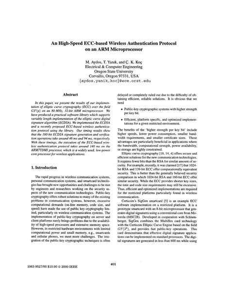 Pdf A High Speed Ecc Based Wireless Authentication On An Arm Microprocessor