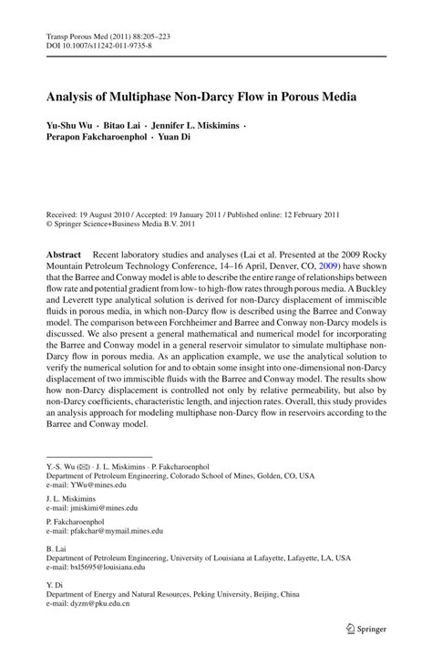 Pdf Analysis Of Multiphase Non Darcy Flow In Porous Media