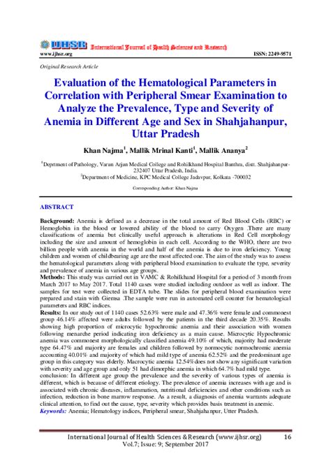 Pdf Evaluation Of The Hematological Parameters In Correlation With