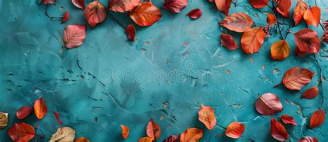 Autumn Leaves Banner Teal Background Stock Illustration Illustration