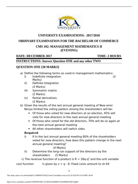 Cms 102 Management Mathematics Ii Pdf Pdf Inputoutput Model Business Economics